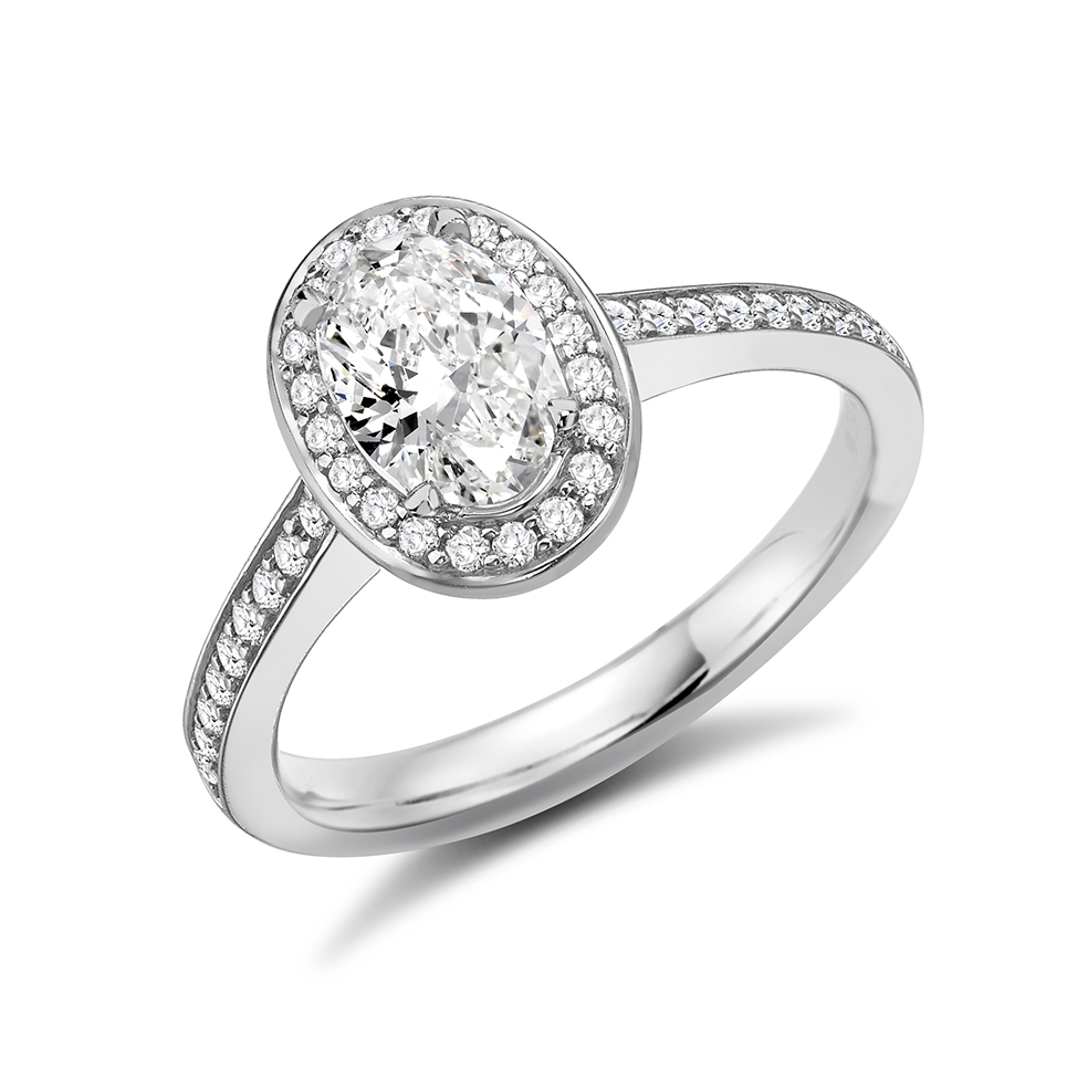 Oval Cut Halo with Diamond Set Shoulders Engagement Ring | SP GREEN & Co