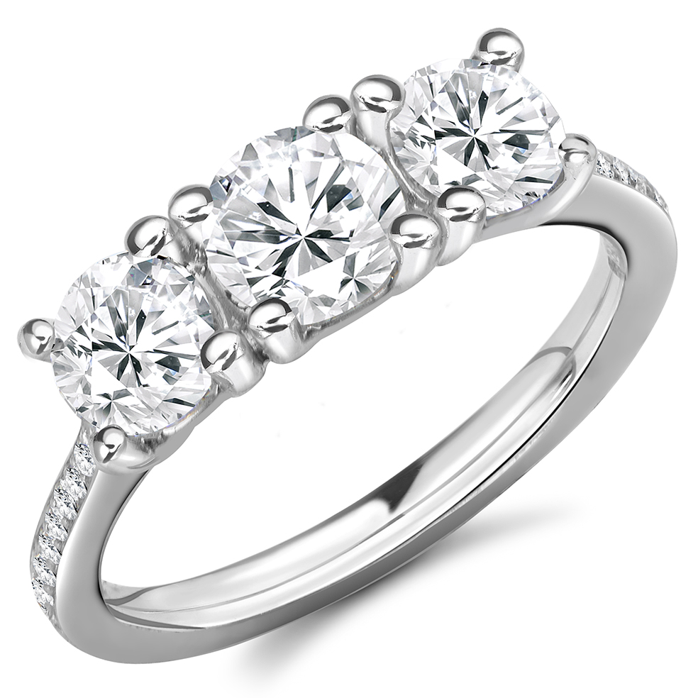 Round Brilliant Trilogy Set with Diamond Set Shoulders Trilogy Ring ...